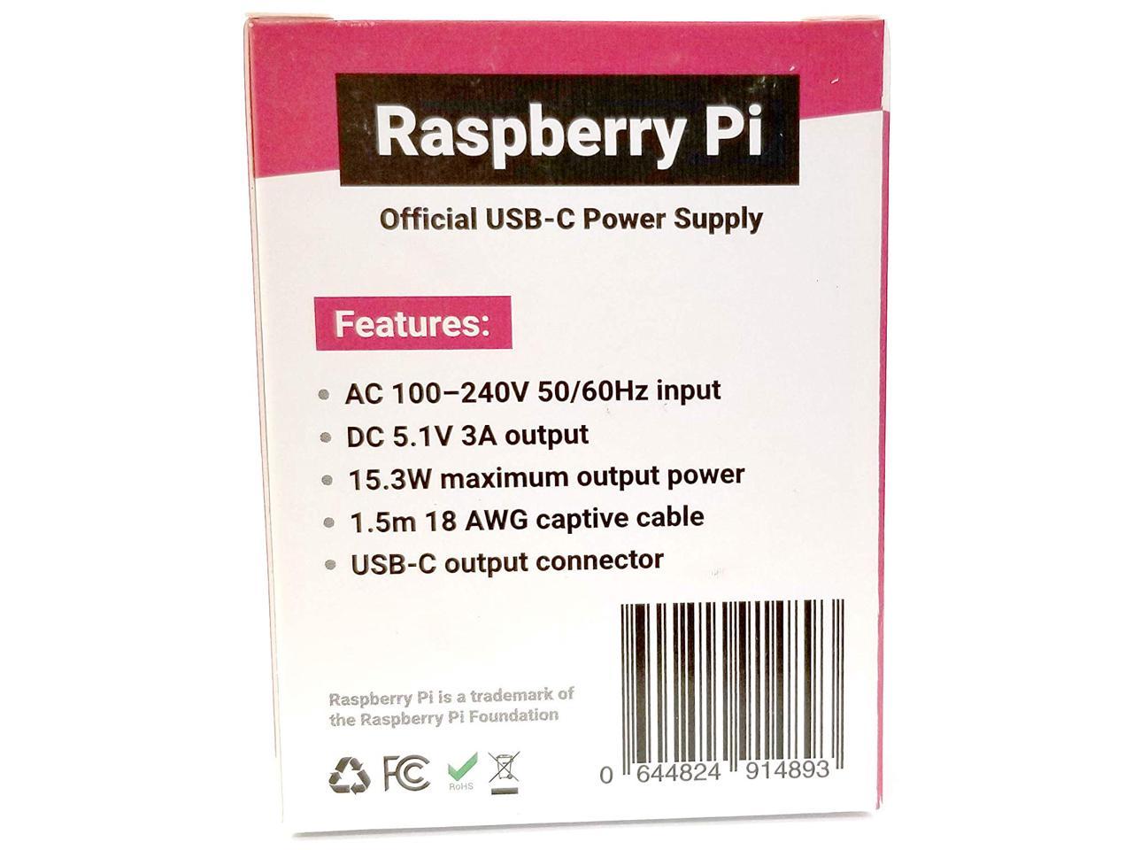 Official Raspberry Pi 4 4B Power Supply, Output: 5.1V / 3A, USB-C, 1.5m ...